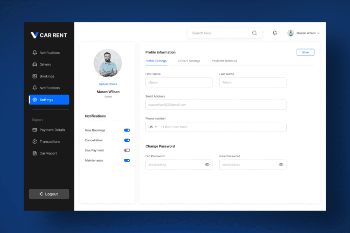 Car Rental System Dashboard UI Design